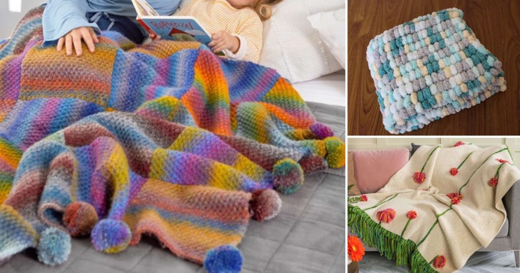 8 Knitted Pom Pom Blanket Free Patterns - Knit-Knit